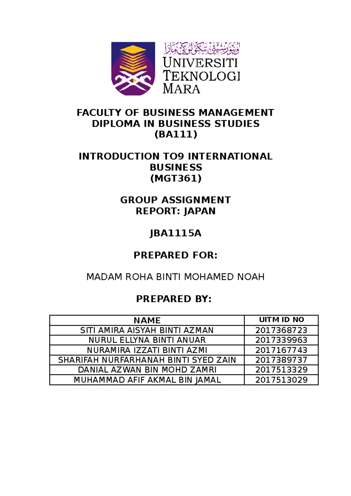 MGT 361 - Report Japan - FACULTY OF BUSINESS MANAGEMENT DIPLOMA IN ...