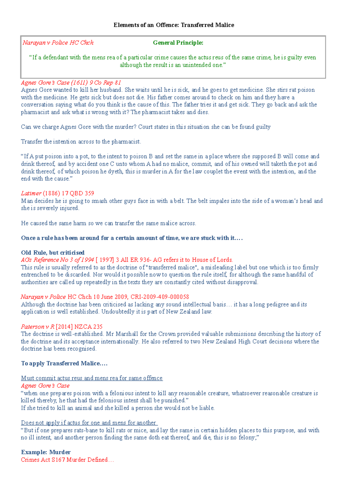 LAWS202: Transferred Malice Notes (ALL) - Elements of an Offence ...