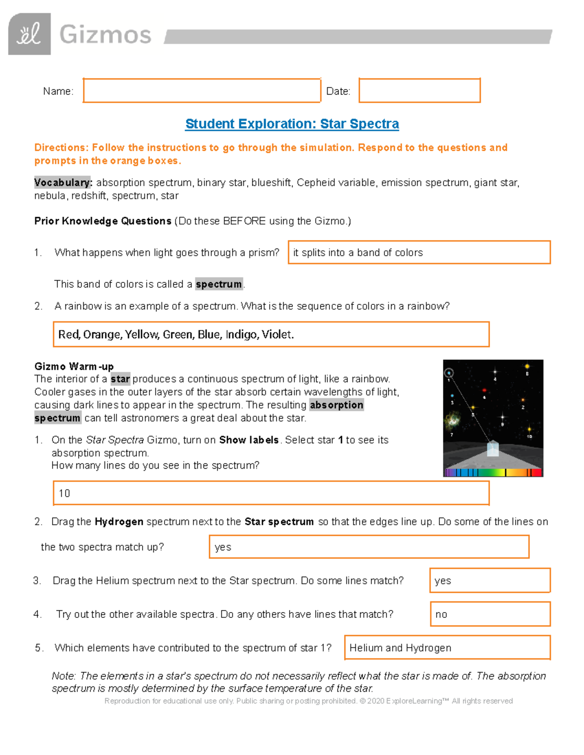 Completed Star Spectra SE - Name: Date: Student Exploration: Star ...