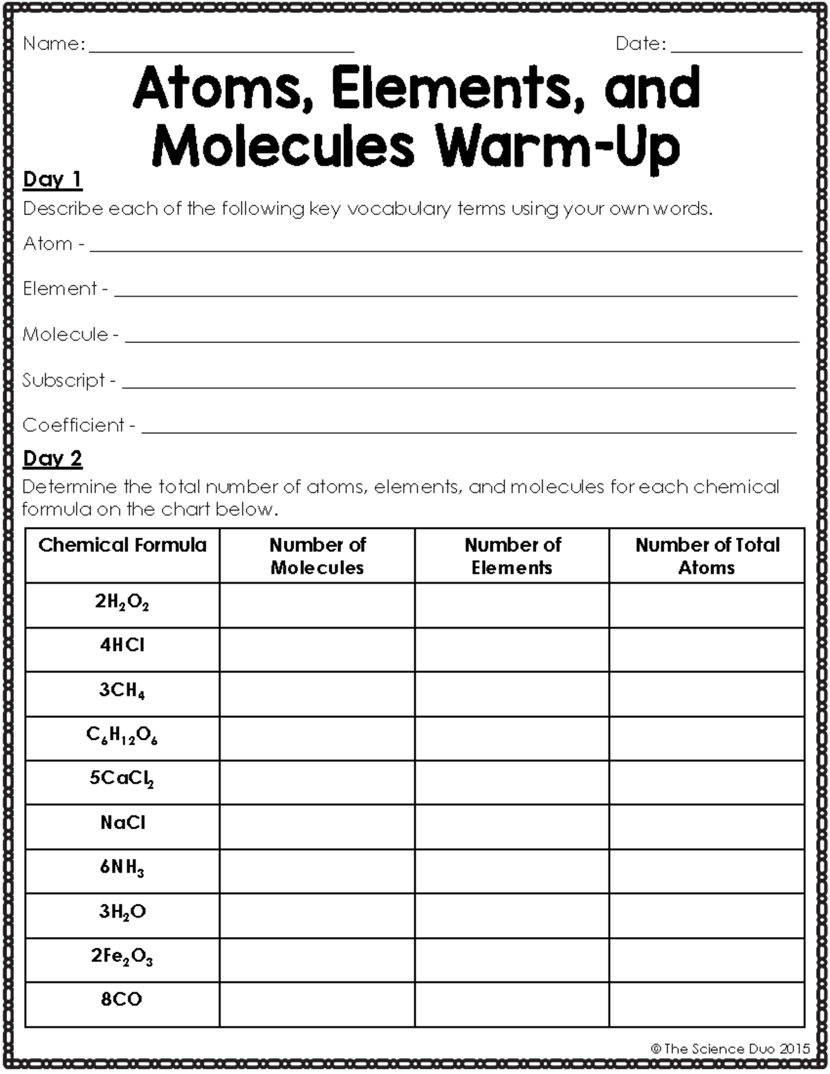 Atoms, Elements, and Molecules Warm-Up Worksheet - Name ...