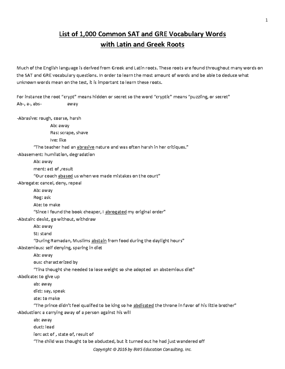 Best root word list-merged - List of 1,000 Common SAT and GRE ...