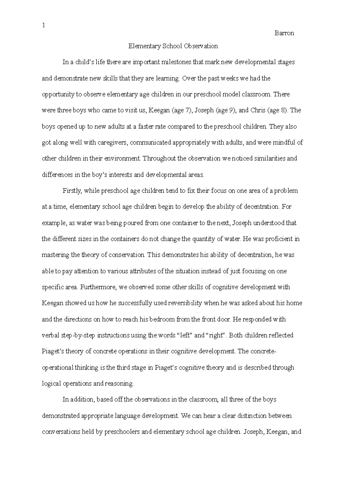Elementary School Observation Paper - Barron Elementary School ...