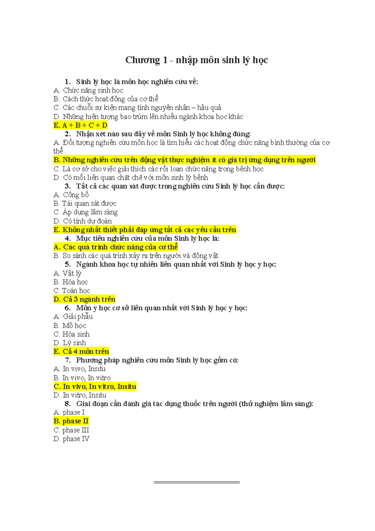 Sinh lí - TÀI LIỆU TRẮC NGHIỆM MÔN SINH LÍ - Chương 1 - nhập môn sinh ...