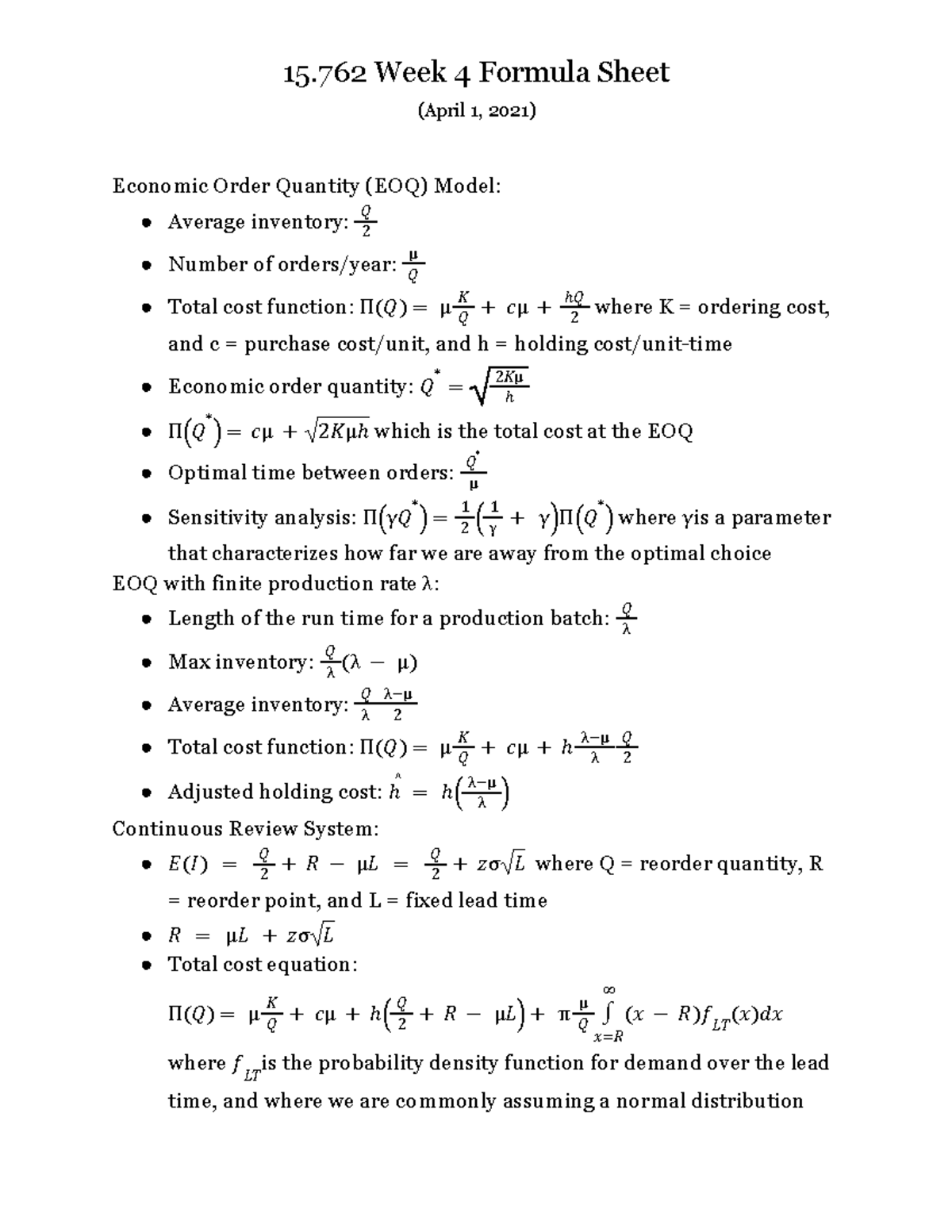 15 - ewwew - 15 Week 4 Formula Sheet (April 1, 2021) Economic Order ...
