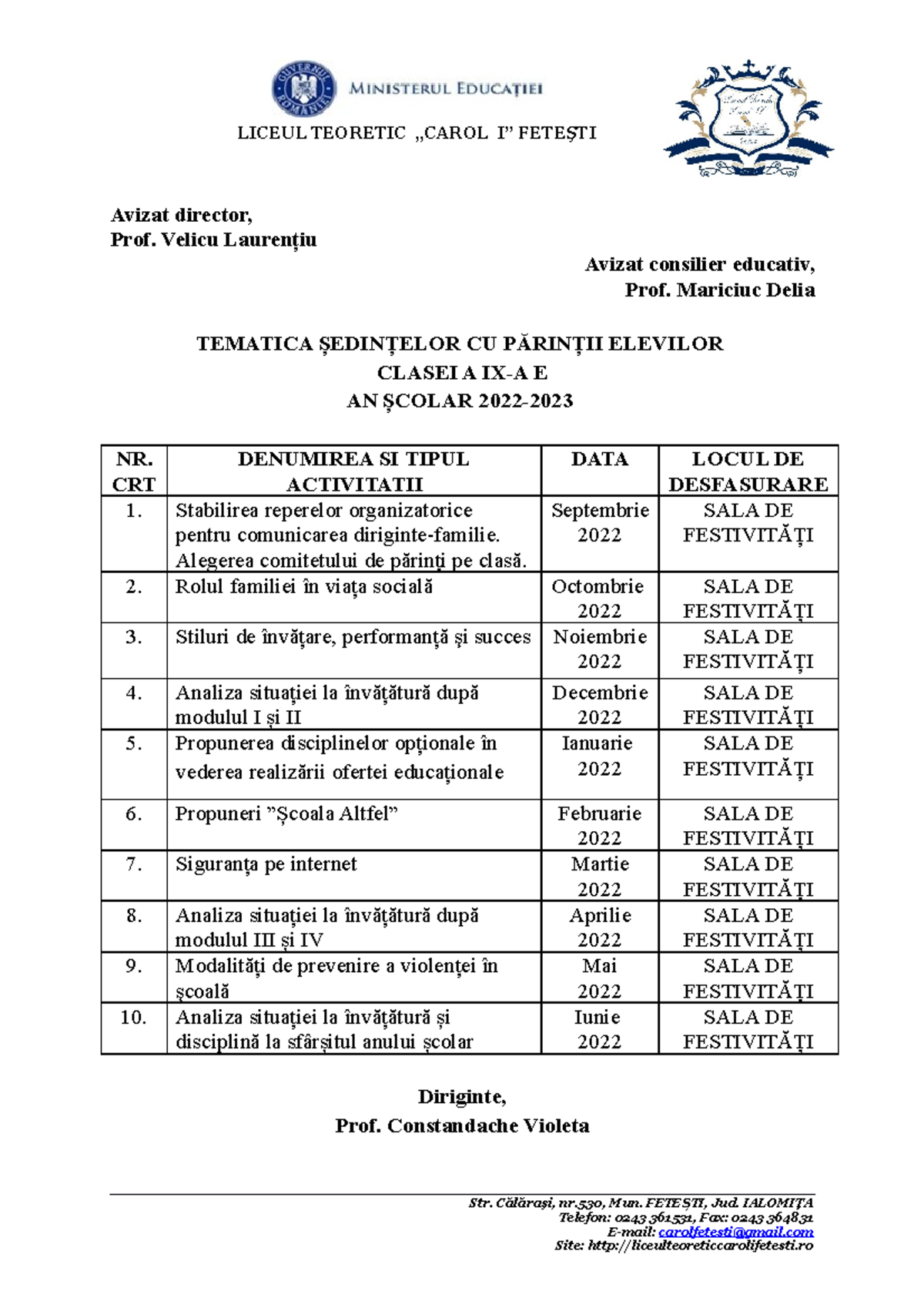Planificare sedinte cu parintii IX E - LICEUL TEORETIC „CAROL I ...