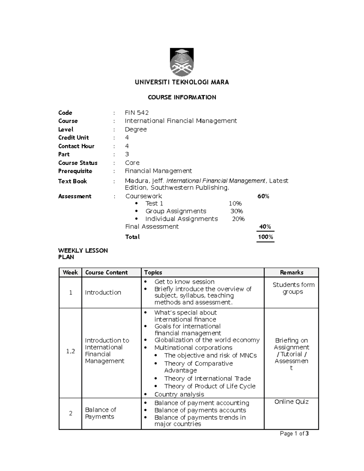Weekly Lesson PLAN SEM MAC 2022-AUG 2022 - UNIVERSITI TEKNOLOGI MARA ...