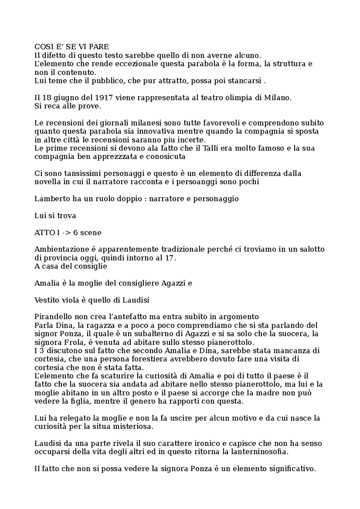 COSI E' SE VI PARE - Appunti sulla spiegazione di "Così è se vi pare ...