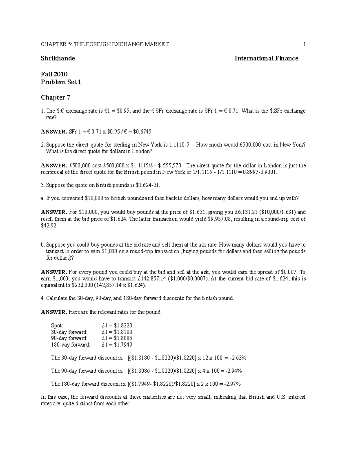 Prob Set 1Fall2010 - Exchange rate problems - Shrikhande International ...