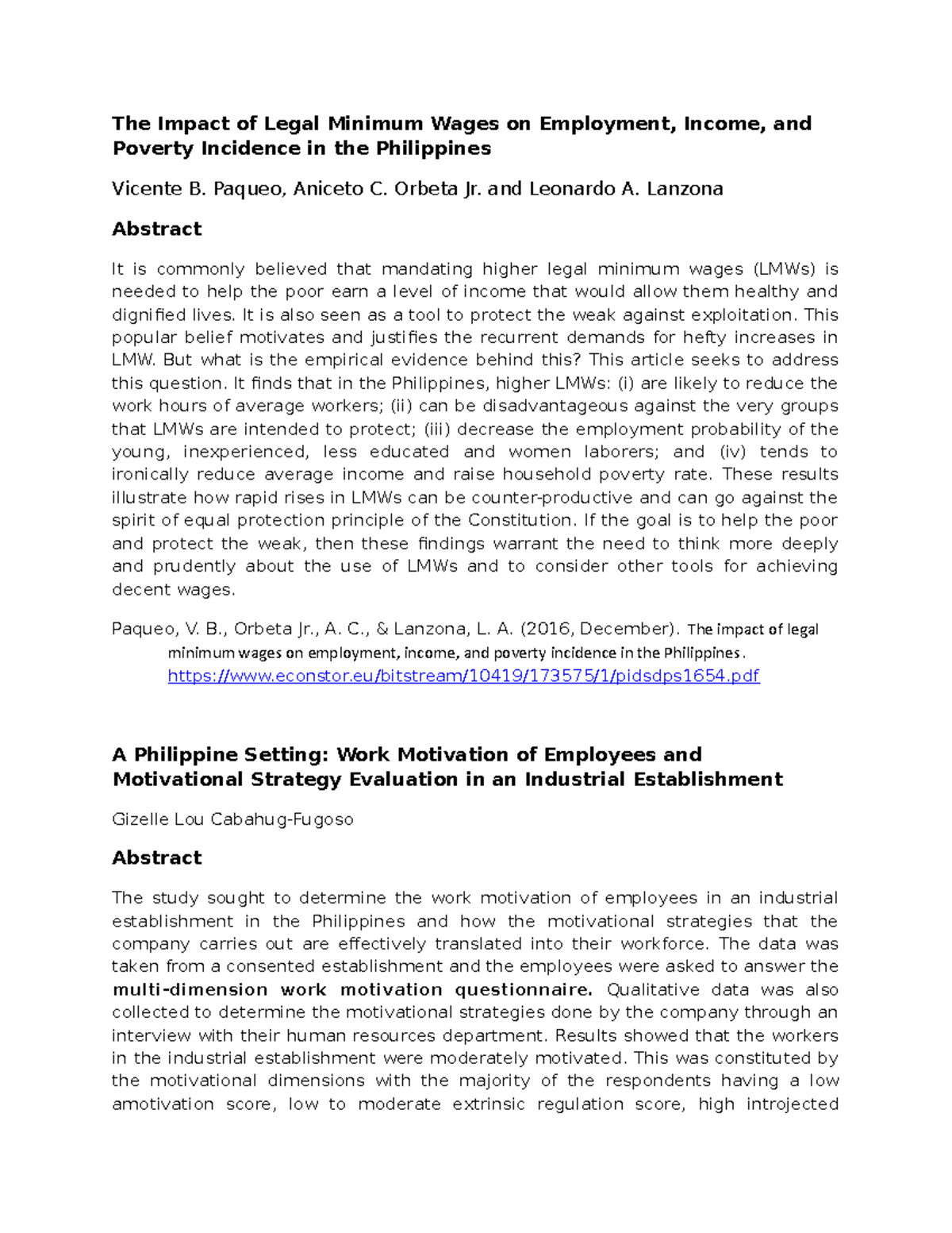 A bstr a cts - abstracts research - The Impact of Legal Minimum Wages ...