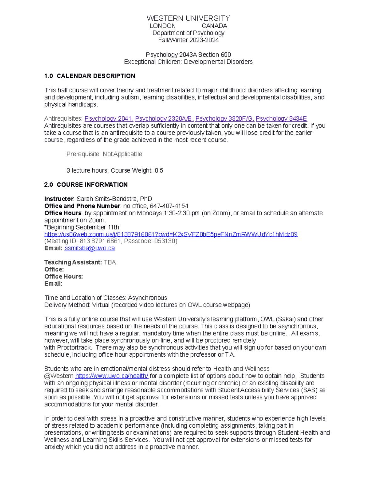 Psych 2043A Course Outline - WESTERN UNIVERSITY LONDON CANADA ...