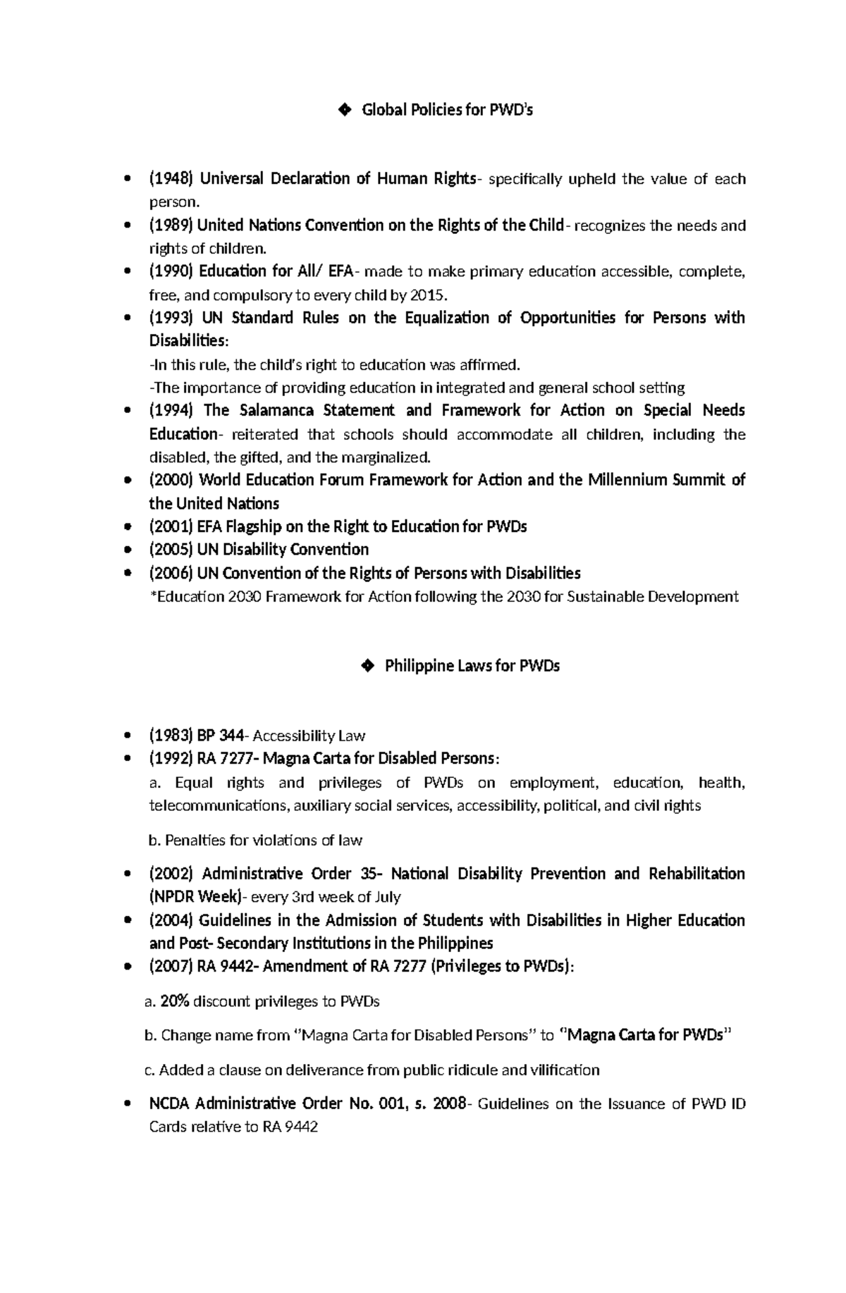 Global Policies for PWD - Global Policies for PWD’s (1948) Universal ...