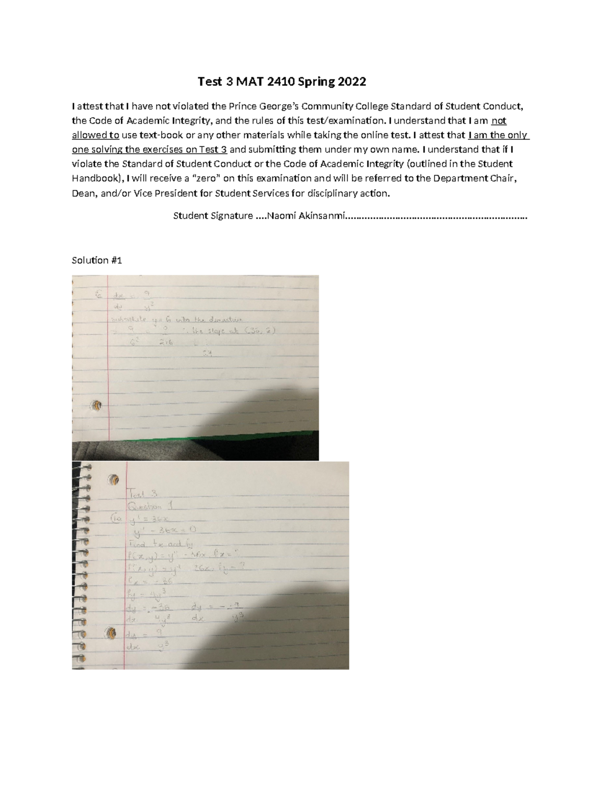 Show Work Form Test 2 - practice test solutions - Test 3 MAT 2410 ...