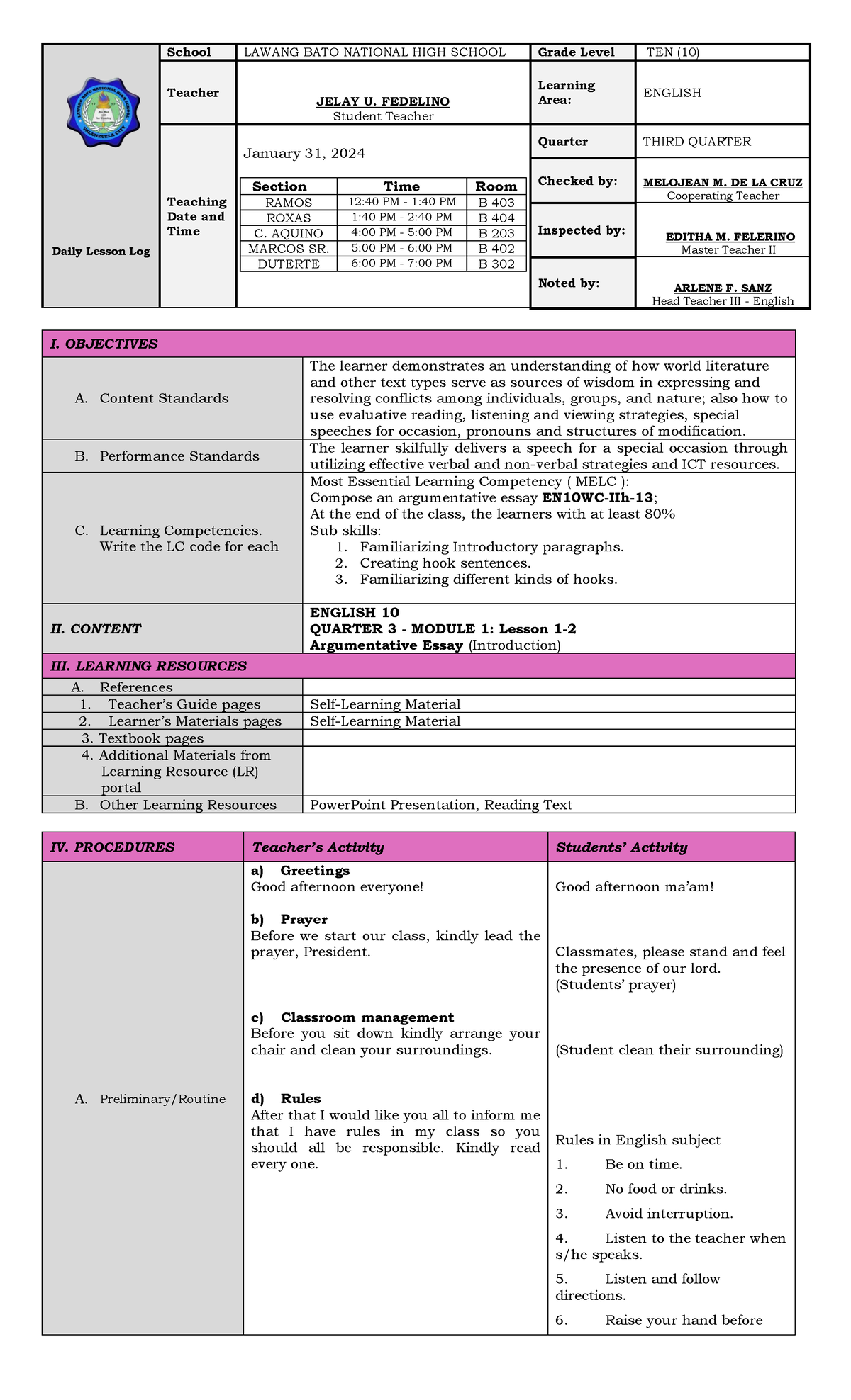 Day 1 lesson 1-2 - School Paper - I. OBJECTIVES A. Content Standards ...