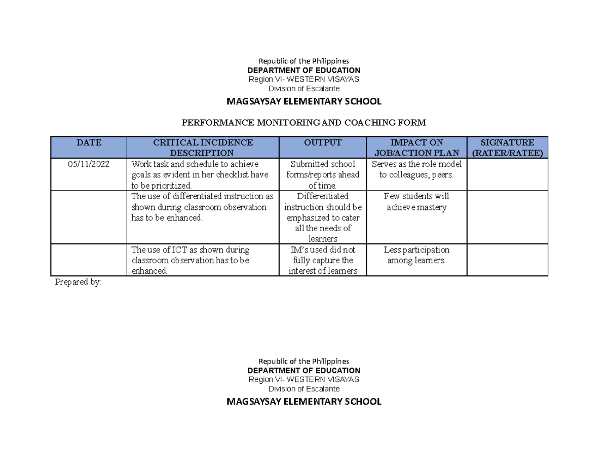 Performance Monitoring AND Coaching FORM Republic Of The Philippines DEPARTMENT OF EDUCATION performance-monitoring-and-coaching-form-republic-of-the-philippines-department-of-education