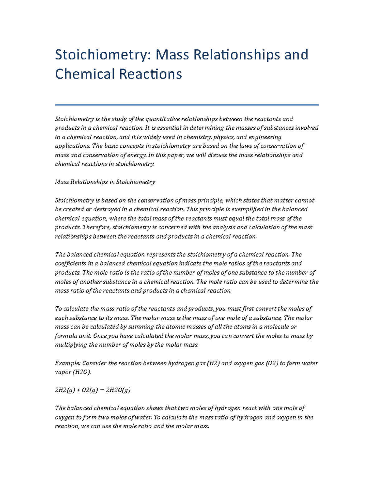 Stoichiometry Mass Relationships and Chemical Reactions - Stoichiometry ...