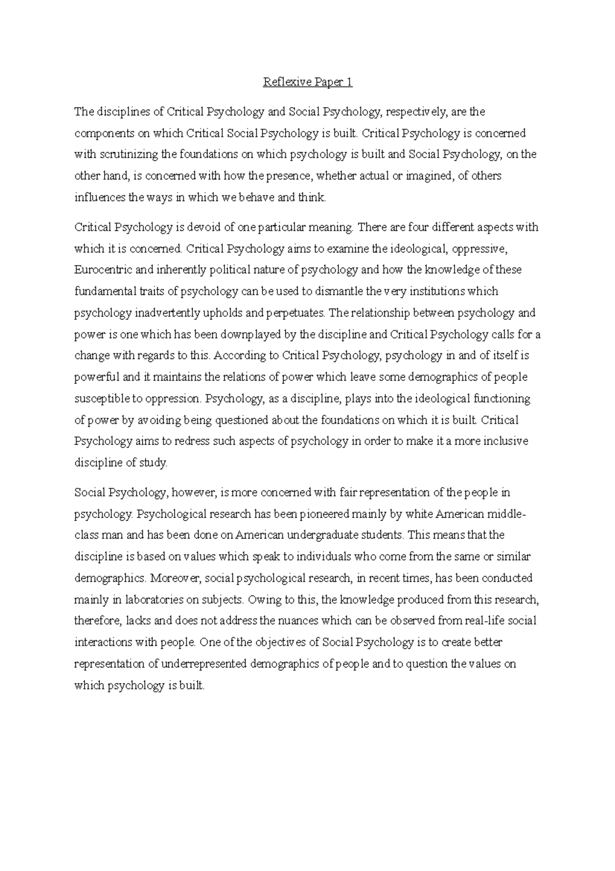 2067881 Reflexive Paper 1 - Reflexive Paper 1 The disciplines of ...