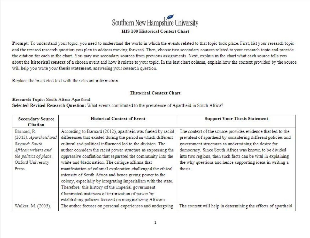 HIS 100 Historical Context Chart Sample - First, list your research ...