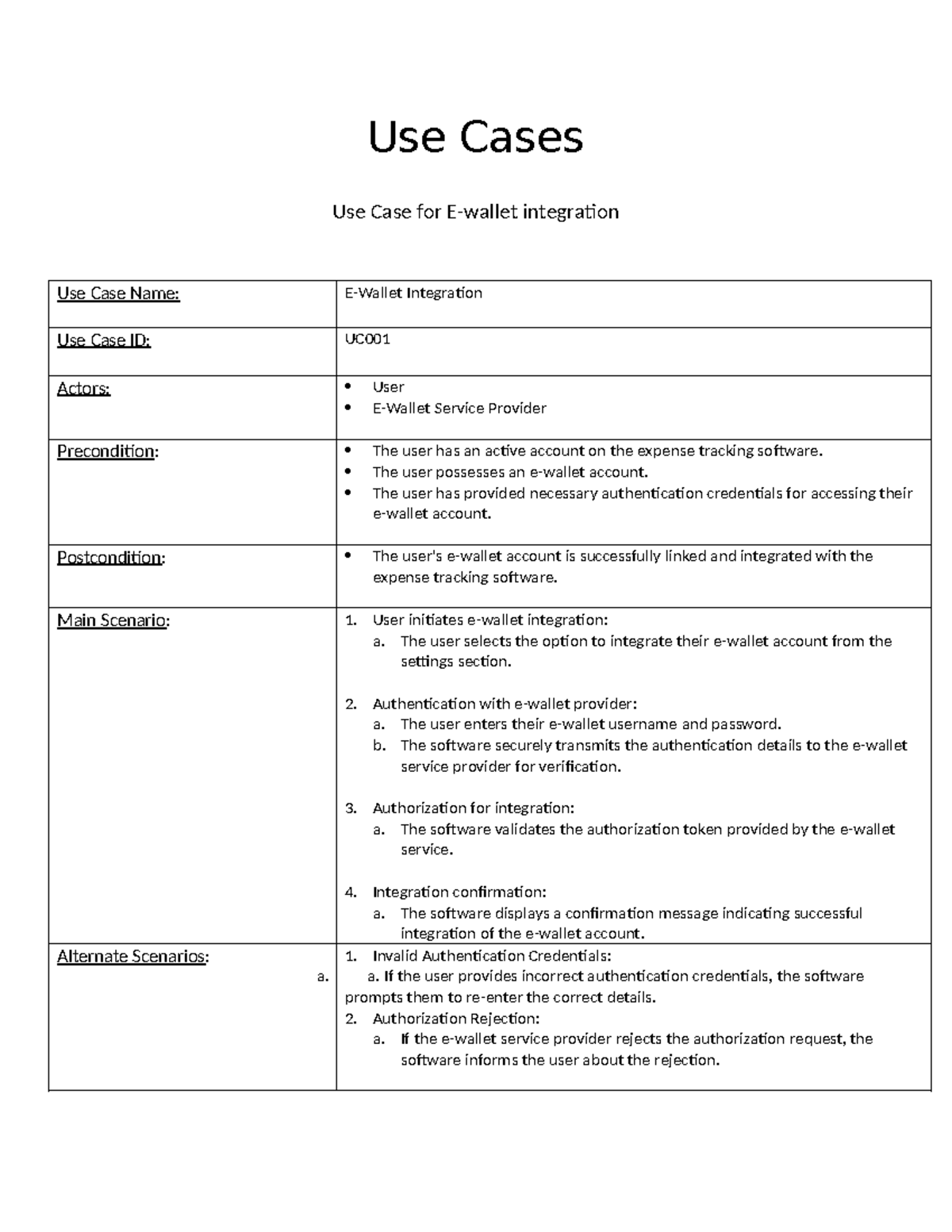 Assignment 2 SE - dzv sdc jm - Use Cases Use Case for E-wallet integration Use Case Name: E ...