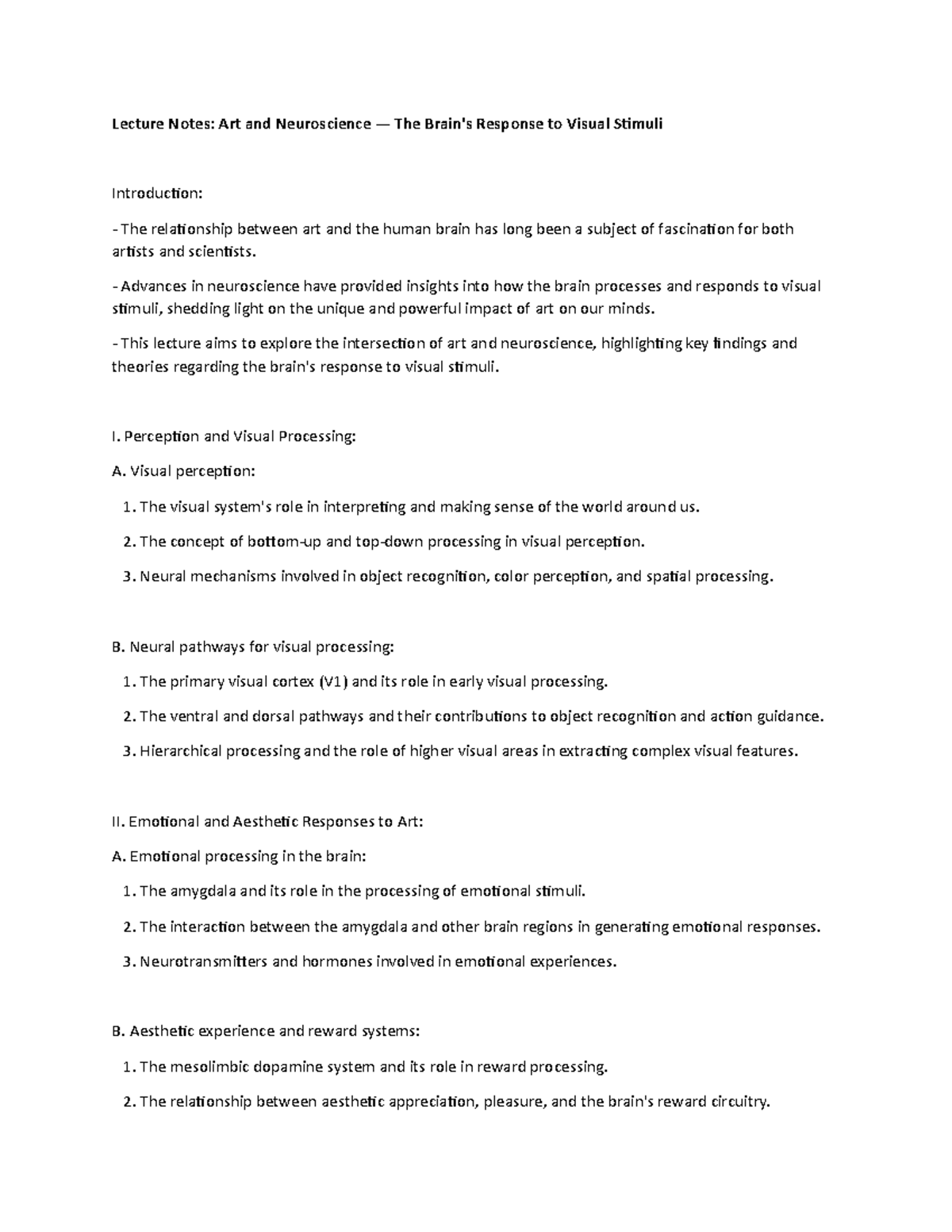 Lecture Notes: Art and Neuroscience — The Brain's Response to Visual ...