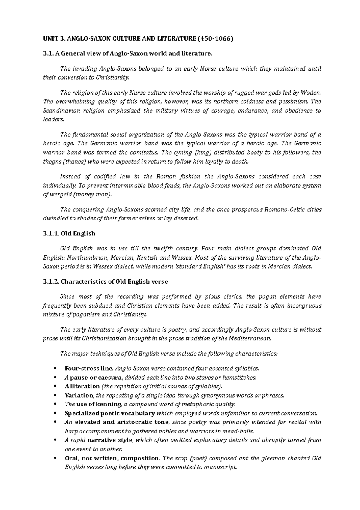 UNIT 3 - Lecture notes 3 - UNIT 3. CULTURE AND LITERATURE 3. A General ...