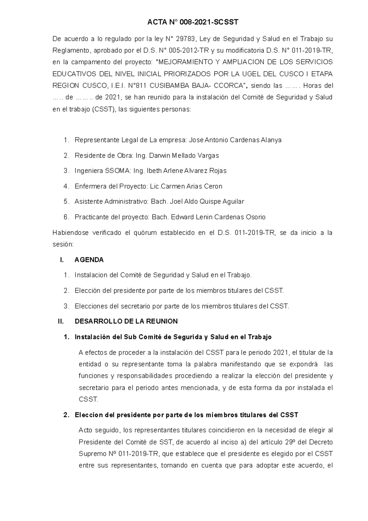 Acta para la conformacion del sub comite Scsst - ACTA N° 008-2021-SCSST De acuerdo a lo regulado ...