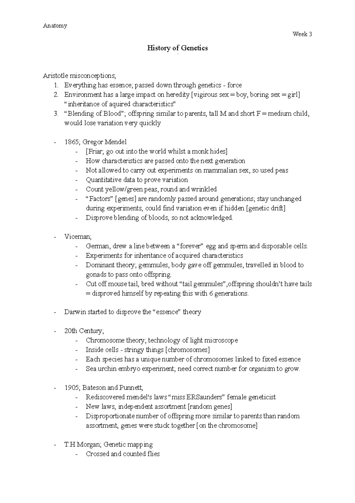 History of Genetics - Lecture notes 3 - Anatomy Week 3 History of ...