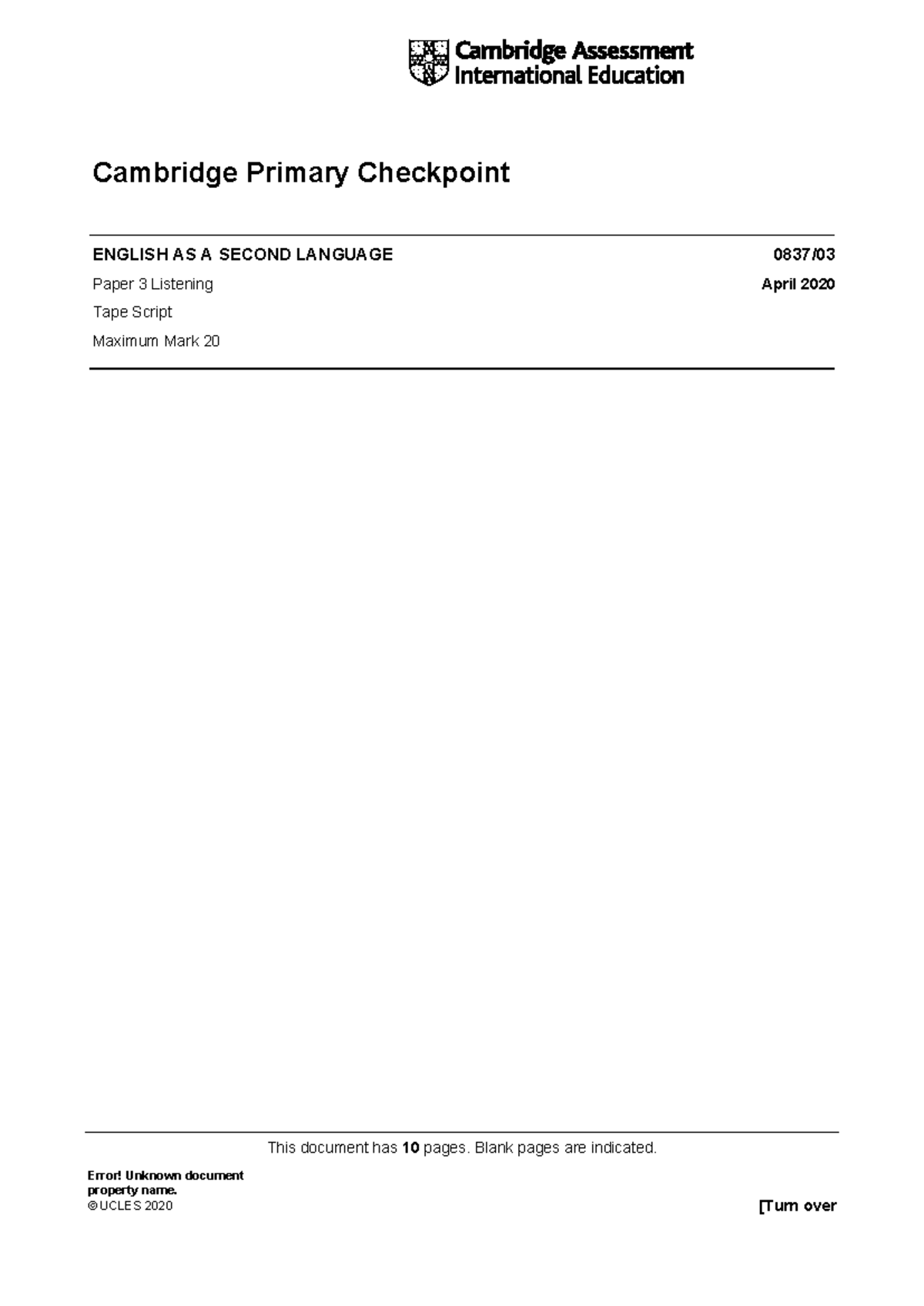 Cambridge Primary Checkpoint English as a Second Language 0837 April ...