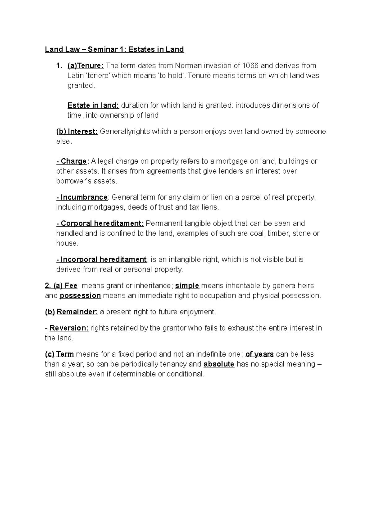 S1 - Seminar Work - Land Law – Seminar 1: Estates in Land 1. (a)Tenure ...