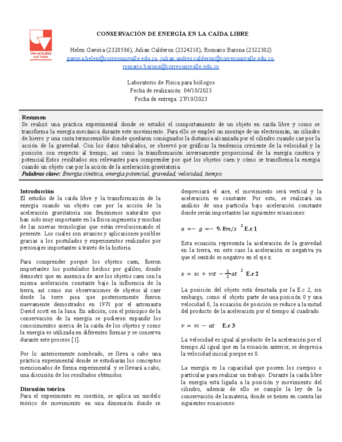 Informe 3 Conservación DE Energía EN LA Caída Libre - CONSERVACIÓN DE ENERGÍA EN LA CAÍDA LIBRE ...