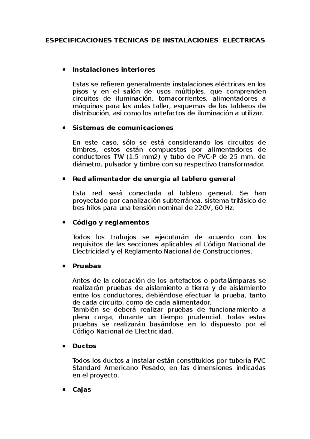 Especificaciones Tecnicas - Electricas - ESPECIFICACIONES TÉCNICAS DE INSTALACIONES ELÉCTRICAS ...