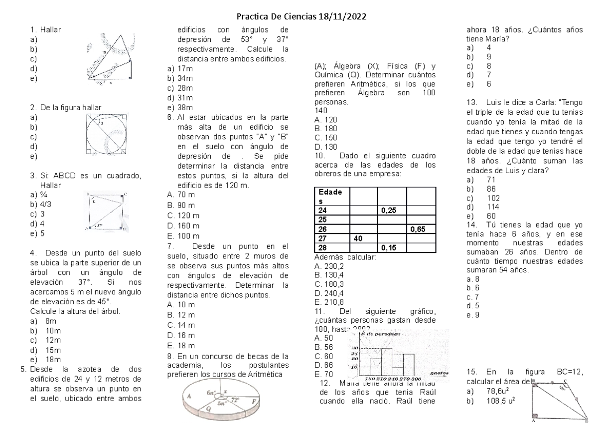 Practicas ciencias 18-11-2022 - Practica De Ciencias 18/11/ Hallar a) b ...