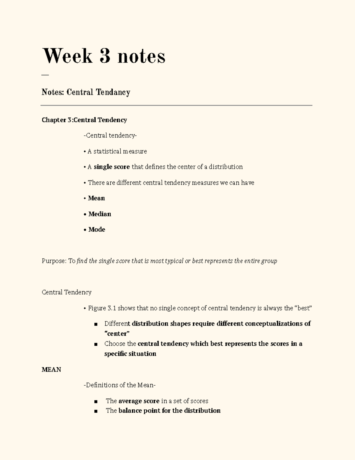 Week 3 notes central tendency - Week 3 notes ___ Notes: Central ...