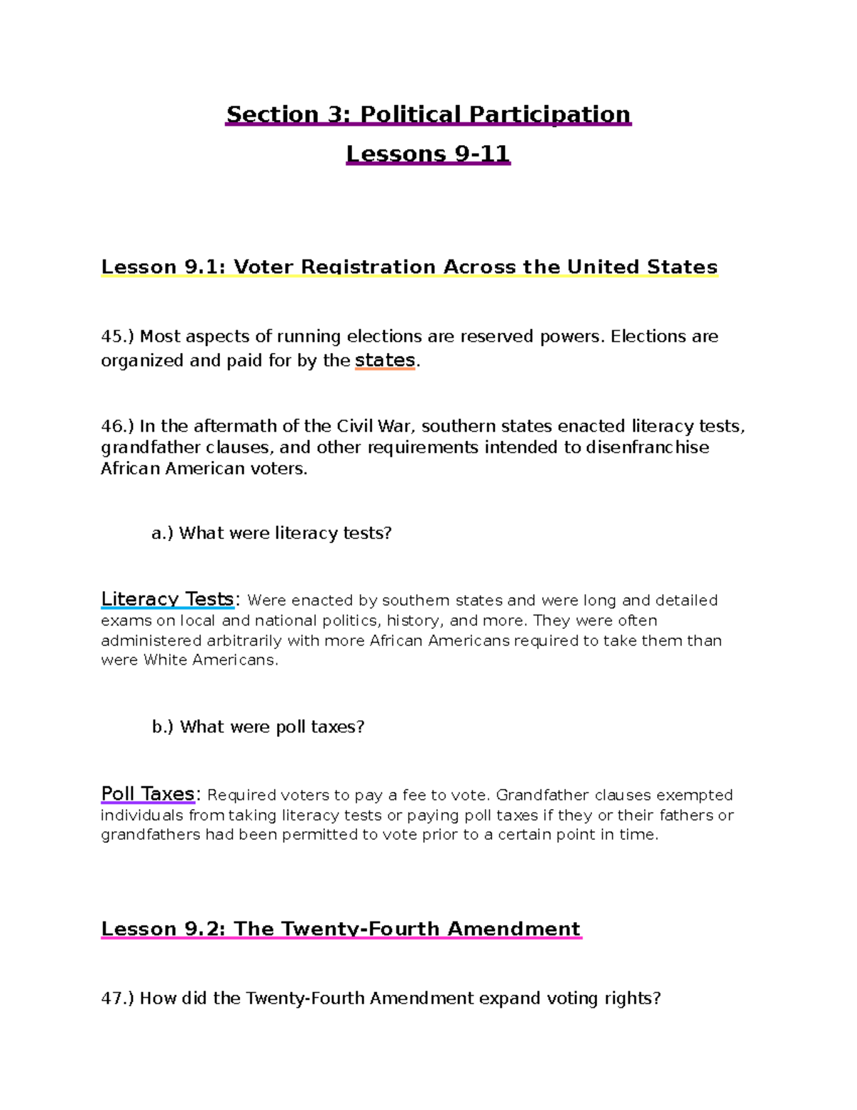 C963 Section 3 lessons 9 thru 11 - Section 3: Political Participation ...