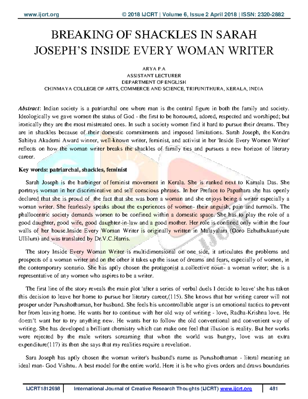 Inside every woman analysis - ijcrt © 2018 IJCRT | Volume 6, Issue 2 April 2018 | ISSN: 2320 ...