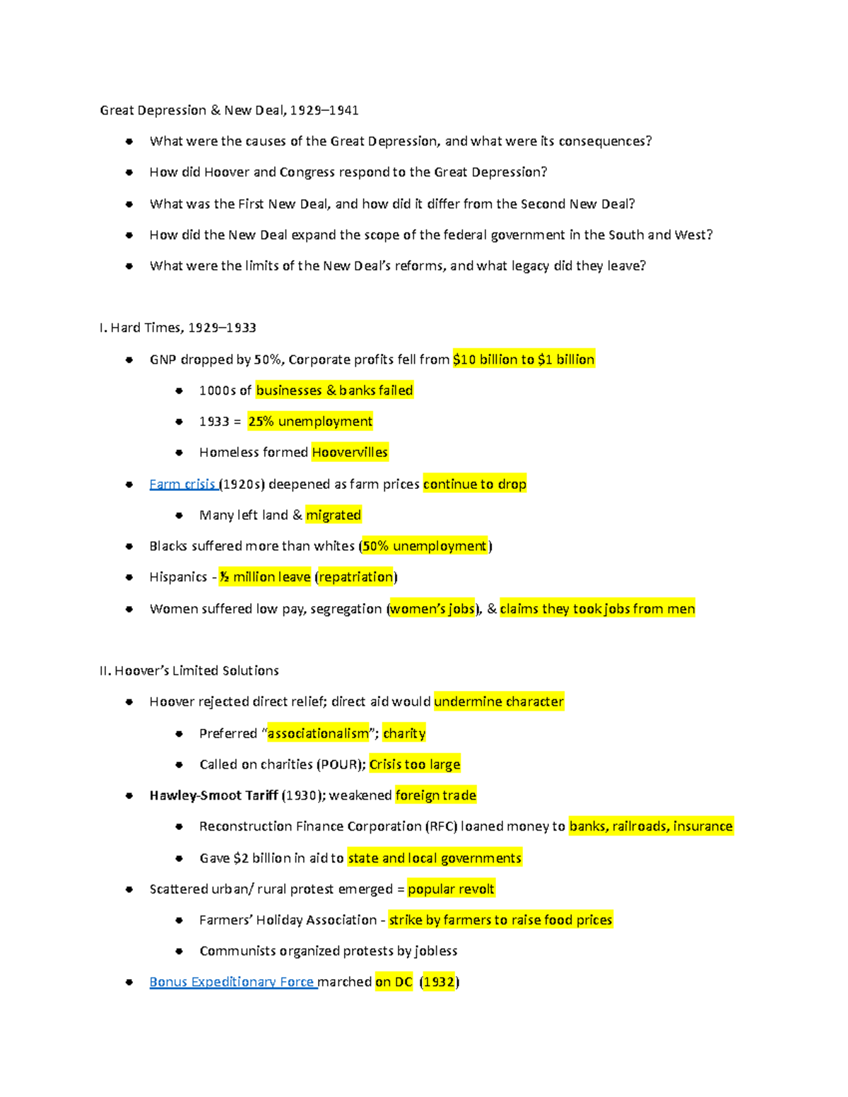 Great Depression Outline - Great Depression & New Deal, 1929–1941 What ...