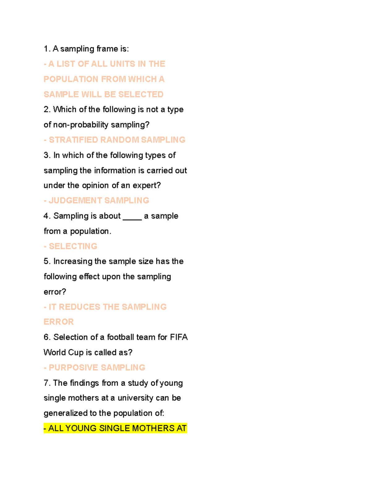 Assignment - A sampling frame is: - A LIST OF ALL UNITS IN THE ...