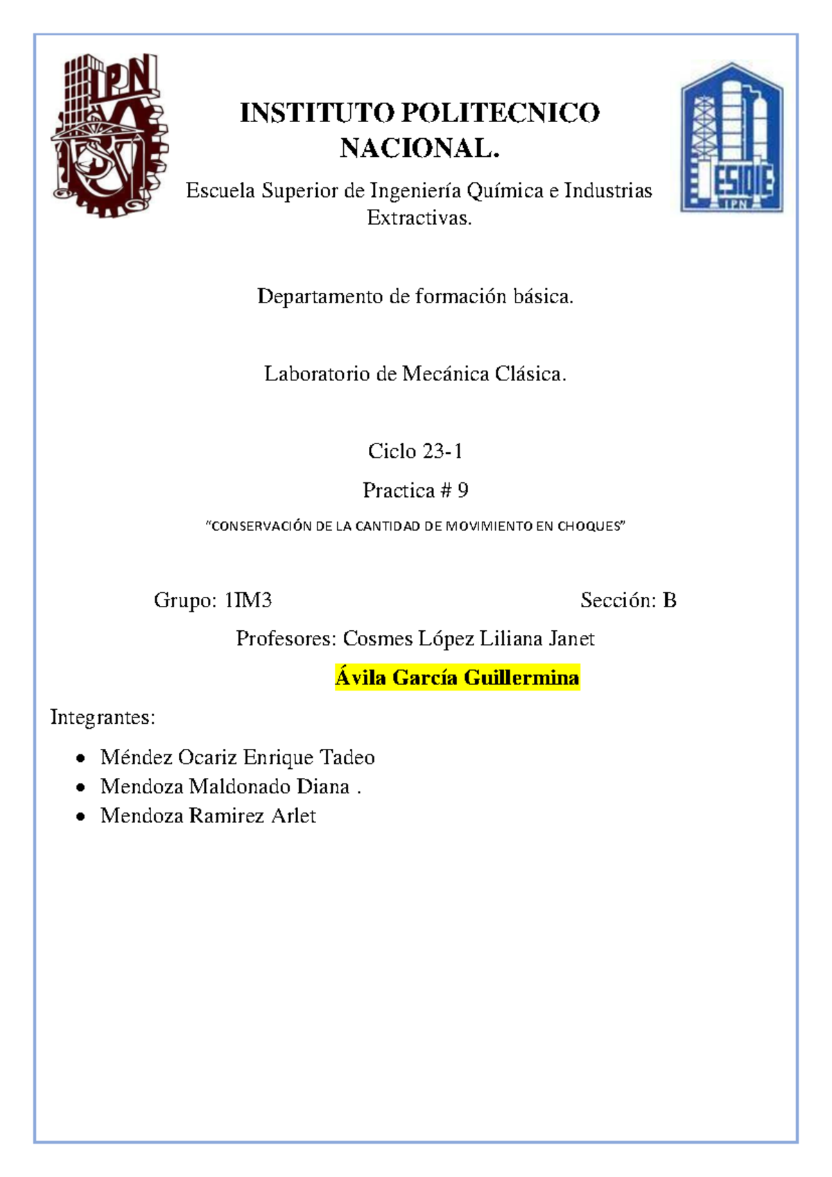Practica-9- Reporte Choques - INSTITUTO POLITECNICO NACIONAL. Escuela ...