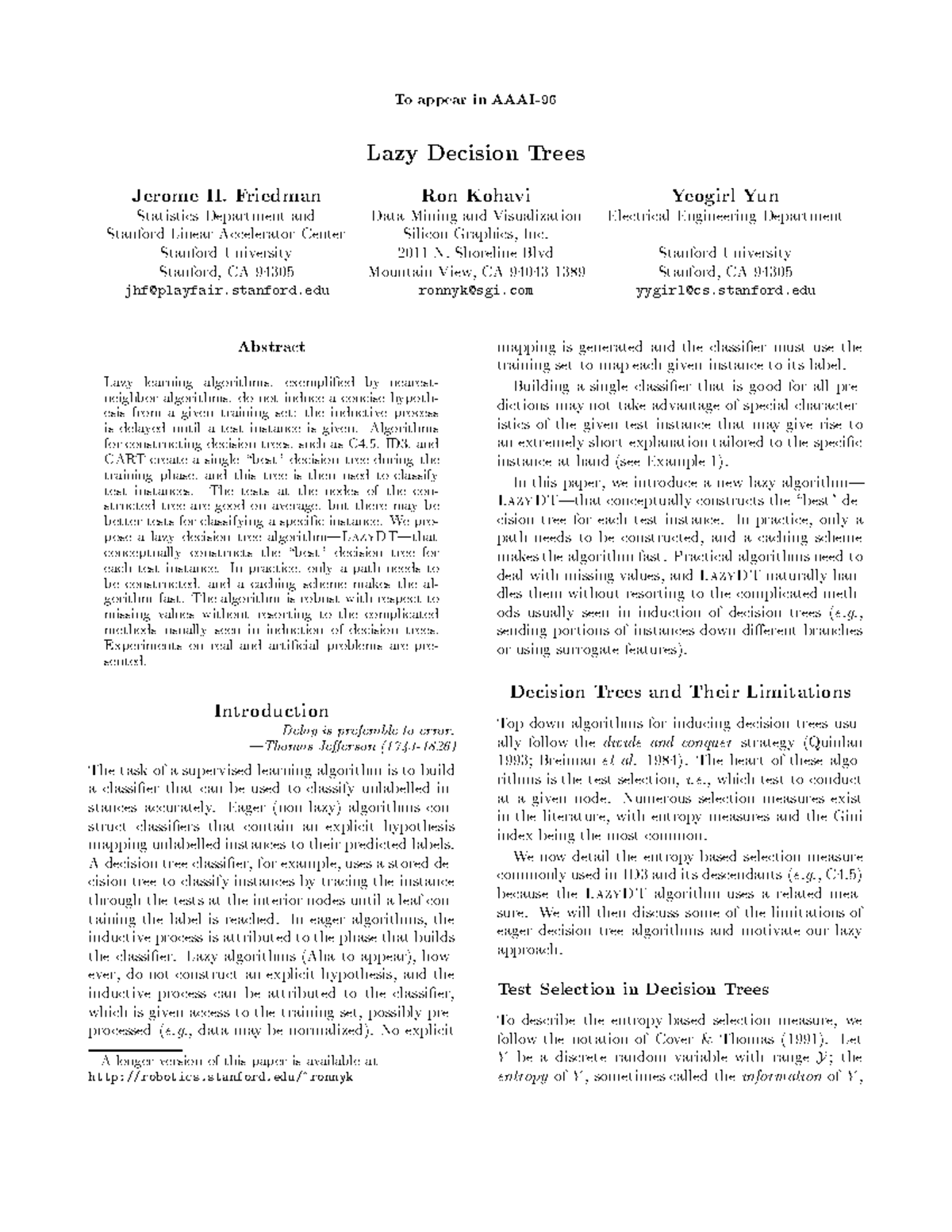 Lazy DT - fwiefjeiwfe - To app ear in AAAI Lazy Decision Trees Jerome H ...
