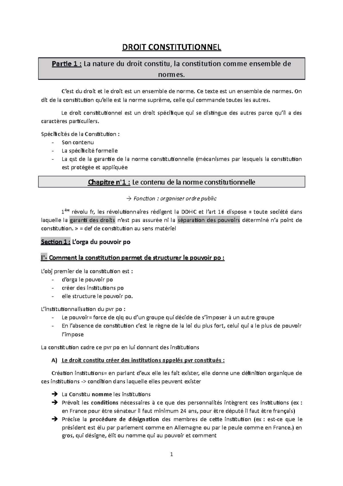 Chapitre n°1 - Le contenu de la norme constitutionnelle - DROIT CONSTITUTIONNEL Partie 1 : La ...