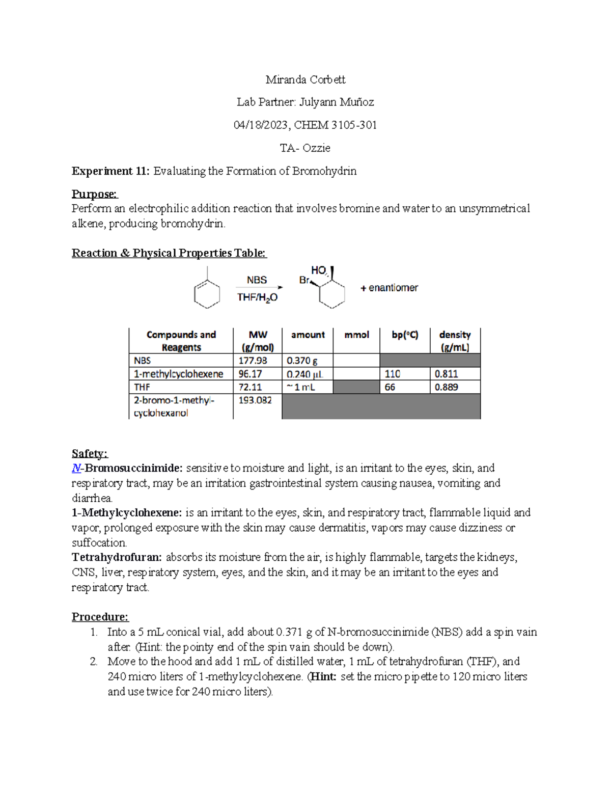 Chem 3105 Lab Report 11 - Miranda Corbett Lab Partner: Julyann Muñoz 04 ...