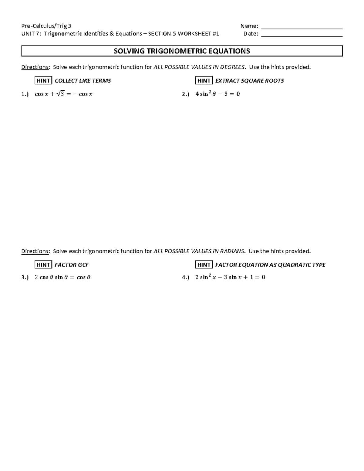 PC - Section 7.5 - Worksheet - Pre-Calculus/Trig 3 Name ...