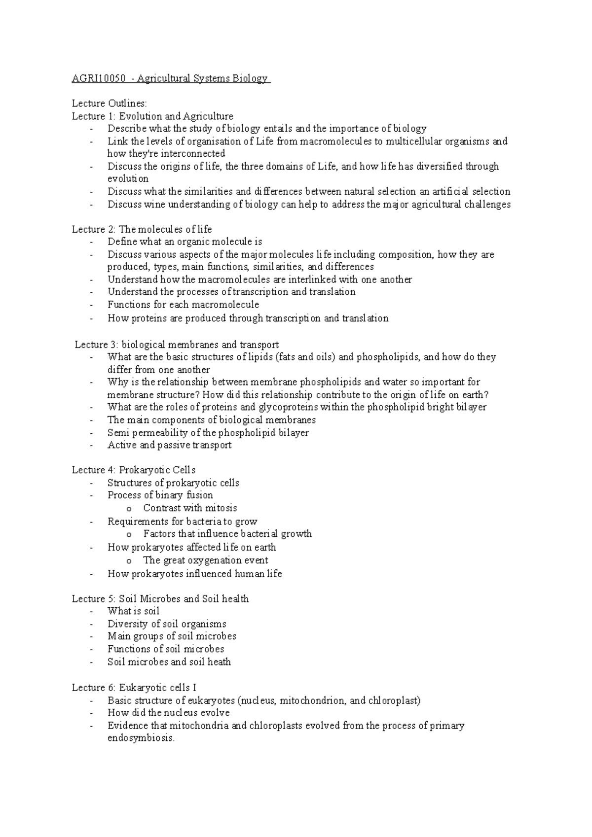 Agricultural Systems Biology - AGRI10050 Learning Objectives ...
