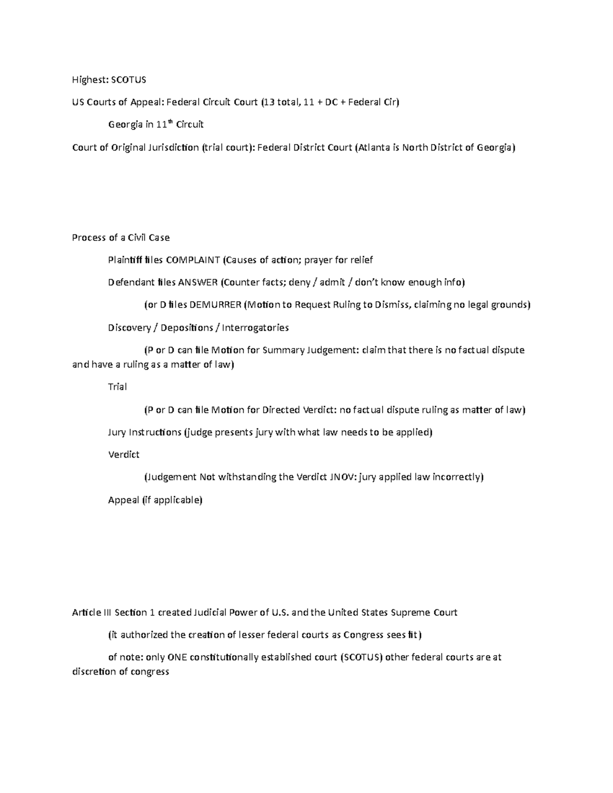 Civ Pro Outline - Tony - Highest: SCOTUS US Courts of Appeal: Federal ...
