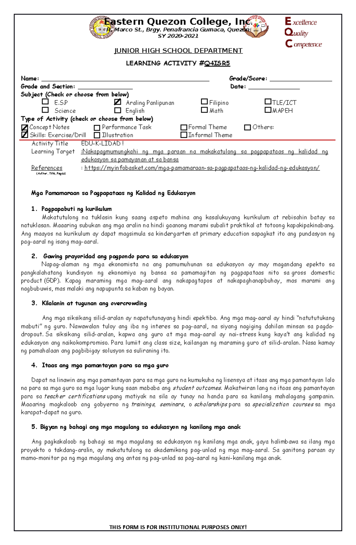 LEARNING ACTIVITY SHEETS LESSON 5 QUARTER 4 INTERN SGR LEARNING