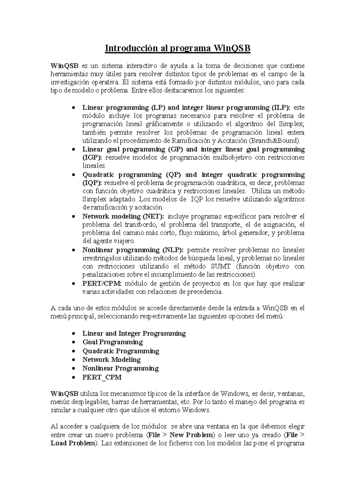 Información Win QSB 2 - Software para el álgebra lineal - Introducción ...