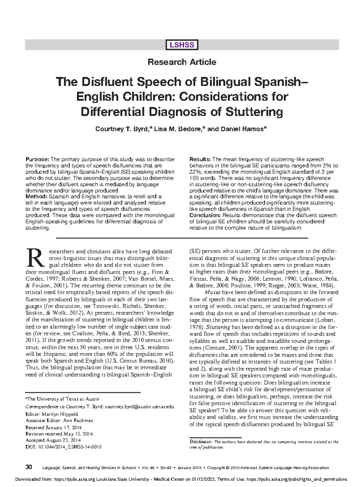 Byrd et al., 2015 bilingual stuttering - LSHSS Research Article The ...