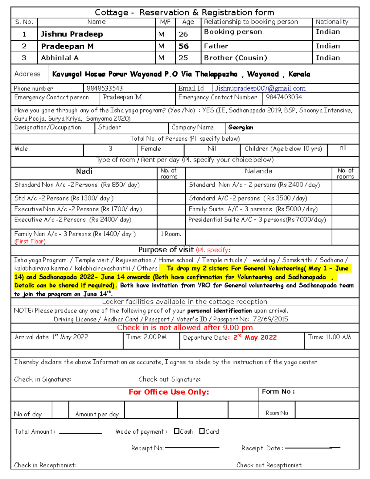 Cottage Reservation Form - Cottage - Reservation & Registration form S ...