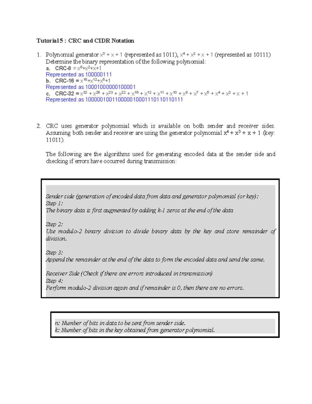 TK2153 Information Sharing Tutorial 5 CRC - Students View - Tutorial 5 : CRC and CIDR Notation 1 ...
