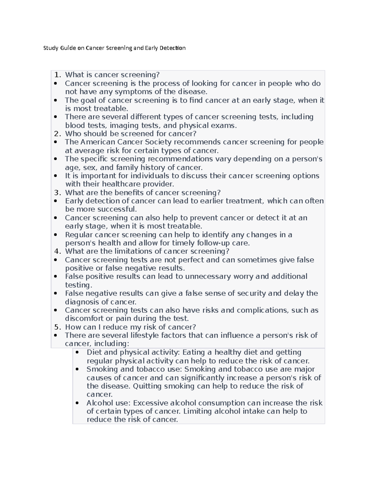 CED1 - notes - Study Guide on Cancer Screening and Early Detection What ...