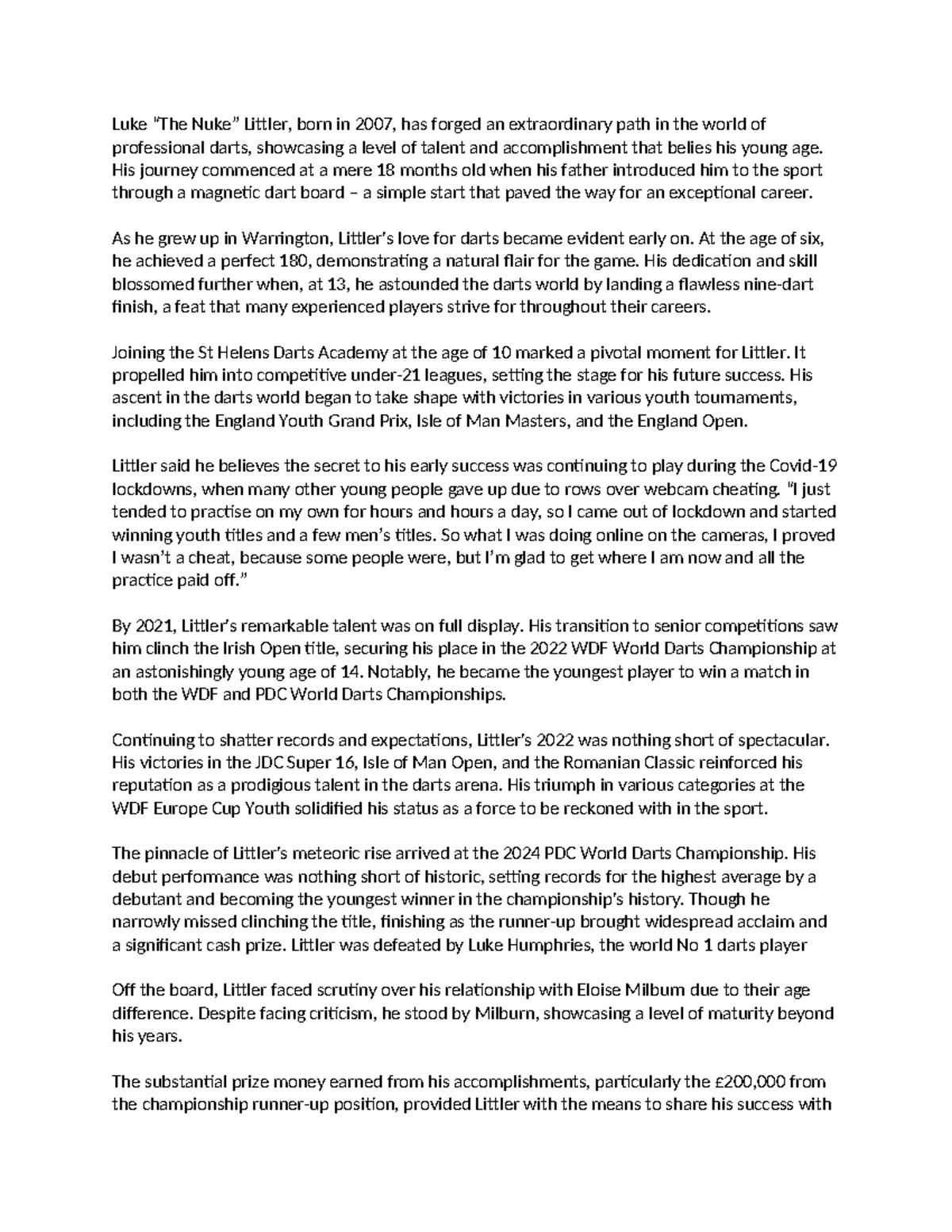 Luke Littler - rrr - Luke “The Nuke” Littler, born in 2007, has forged ...